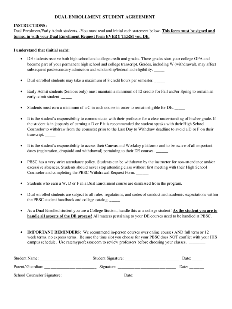 Fillable Online Dual Enrollment Student Agreement Fax Email Print - pdfFiller