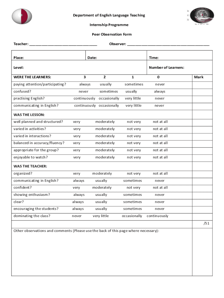 Fillable Online Internship Programme Peer Observation Fax Email Print - pdfFiller