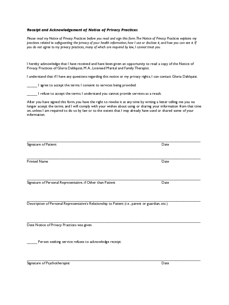 Fillable Online Receipt and Acknowledgement of Notice of Privacy Practices Fax Email Print ...