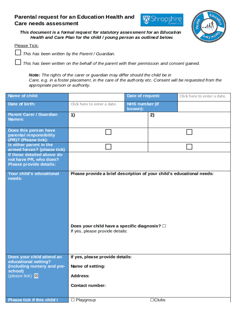 Parental Request for an Education Health and Care Needs Assessment Doc Template | pdfFiller