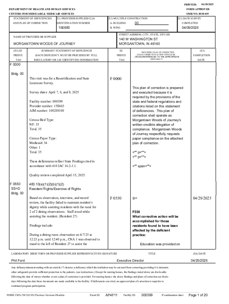 Fillable Online Statement of Deficiencies and Plan of Correction Fax Email Print - pdfFiller