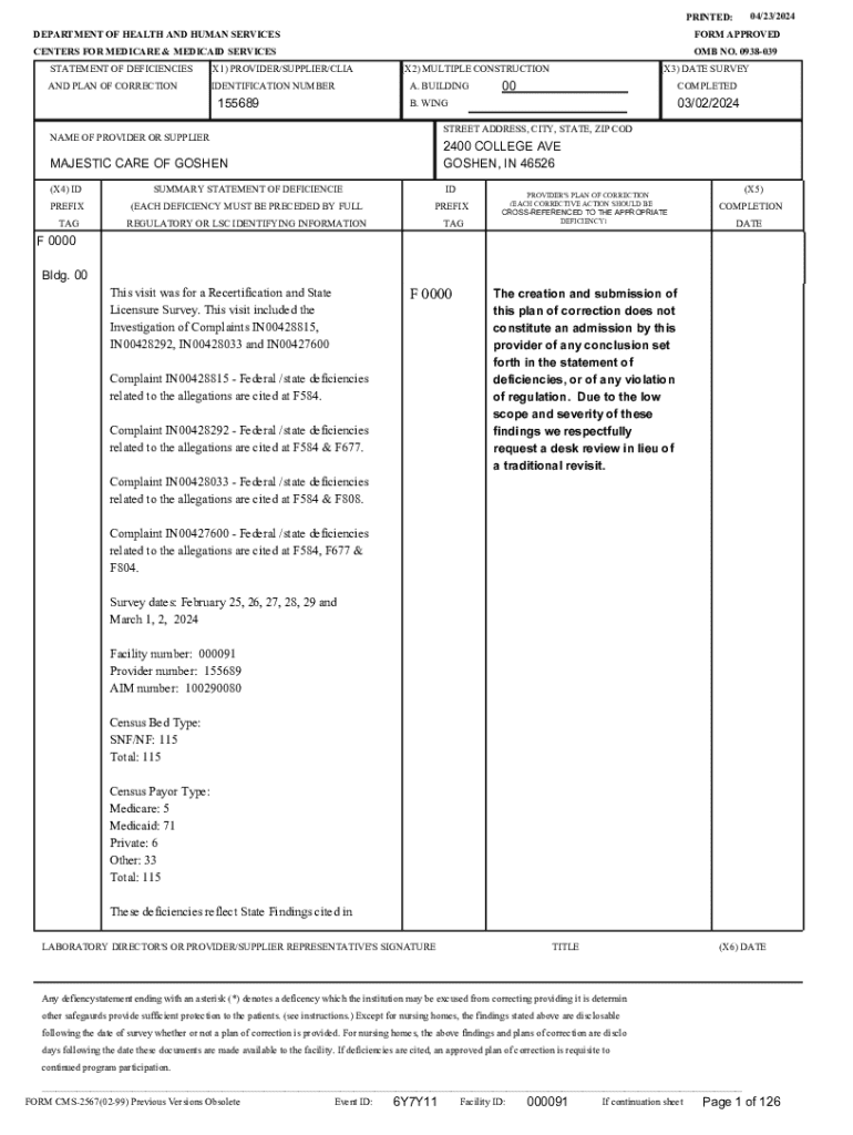 Fillable Online Statement of Deficiencies and Plan of Correction Fax ...