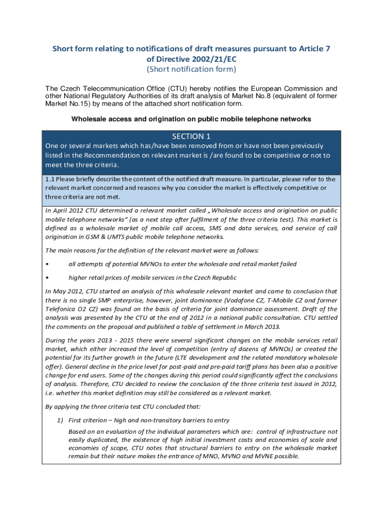 Fillable Online Short Form Relating to Notifications of Draft Measures Pursuant to Article 7 of ...