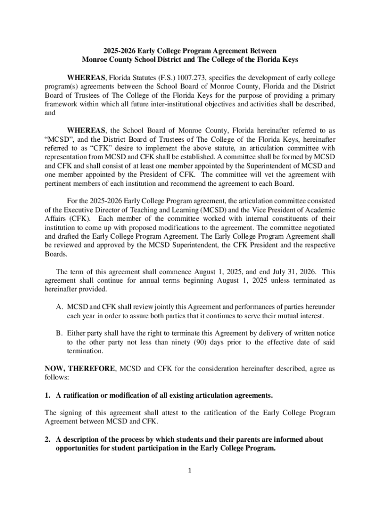 Fillable Online Early College Program Agreement Between Monroe County School District and the ...