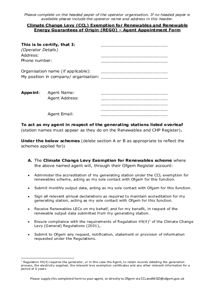Fillable Online Climate Change Levy (ccl) Exemption for Renewables and ...