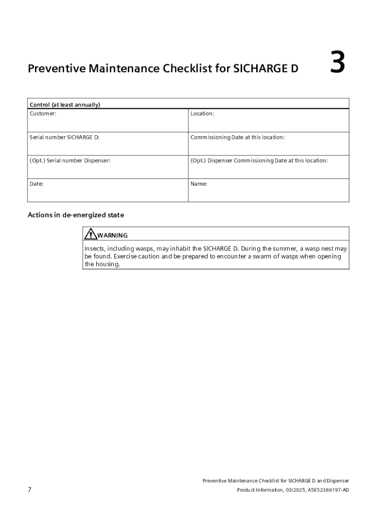 Fillable Online Preventive Maintenance Checklist for Sicharge D Fax ...