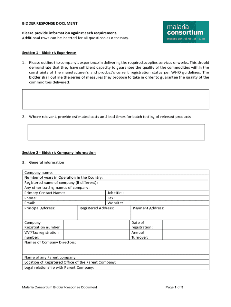 Fillable Online Malaria Consortium Bidder Response Document Fax Email ...