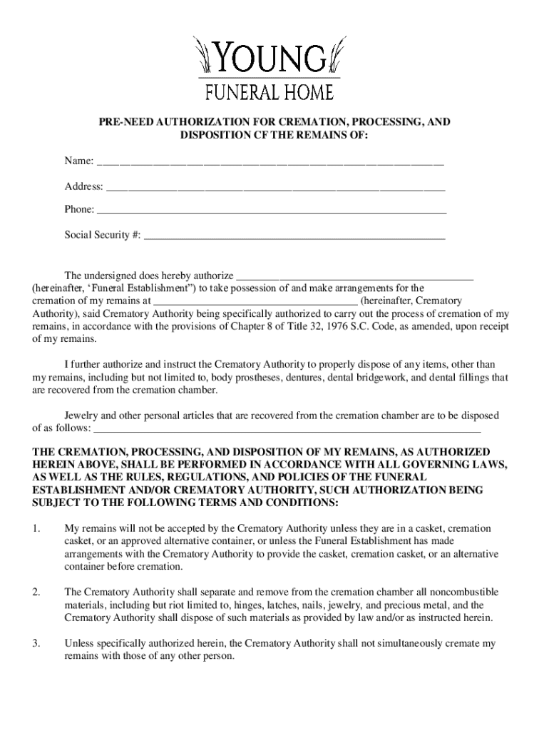 Fillable Online Pre-need Authorization for Cremation Fax Email Print - pdfFiller