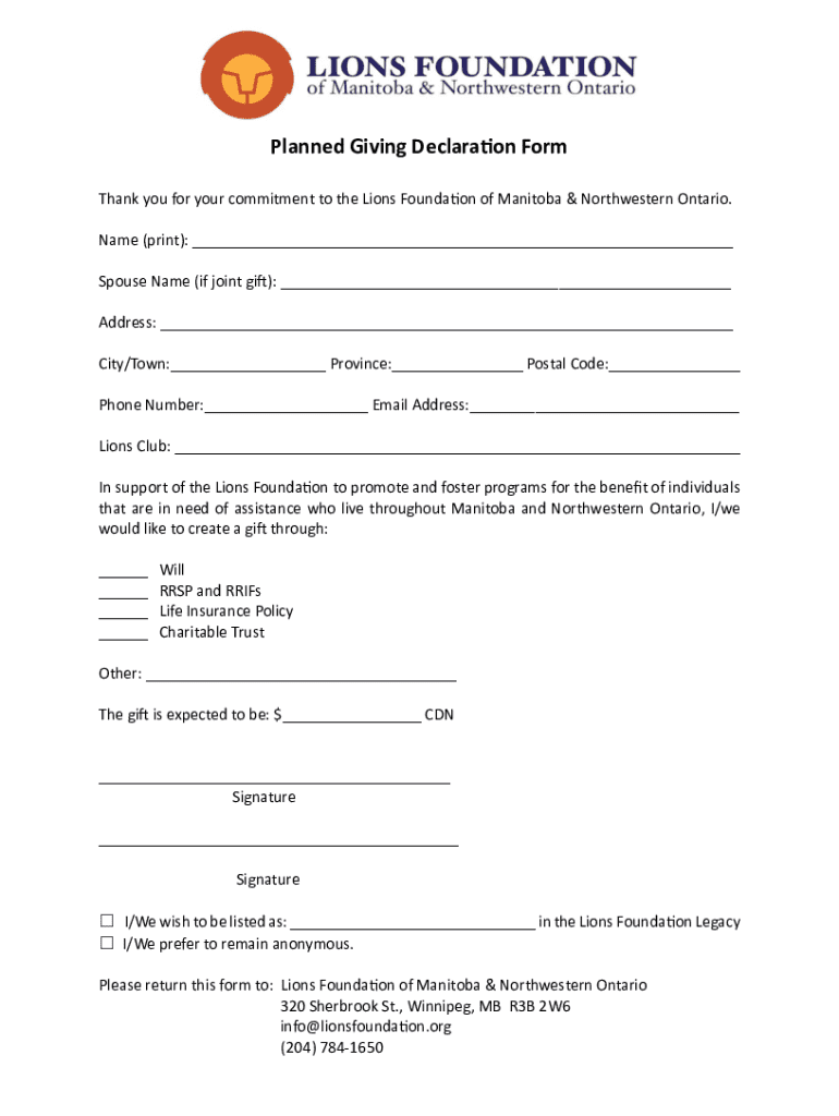 Fillable Online Planned Giving Declaration Form Fax Email Print - pdfFiller
