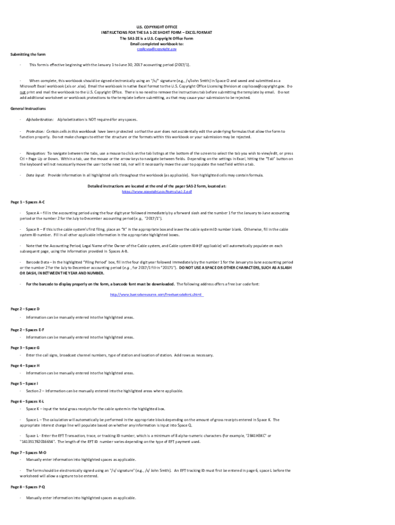 Fillable Online U.s. Copyright Office Sa1-2e Short Form – Excel Format ...