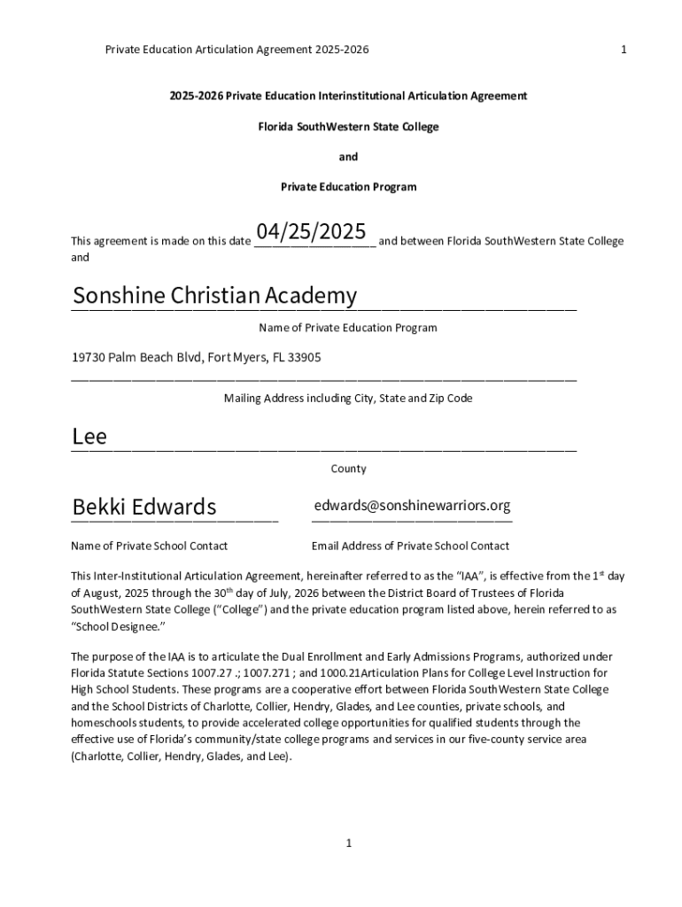 Fillable Online 2025-2026 Private Education Interinstitutional Articulation Agreement Fax Email ...