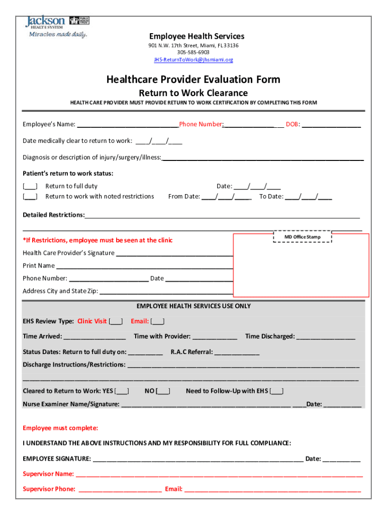 Fillable Online Return to Work Clearance Fax Email Print - pdfFiller