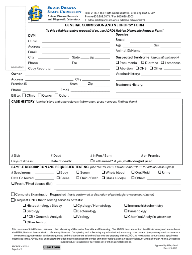 Fillable Online General Submission and Necropsy Form Fax Email Print - pdfFiller