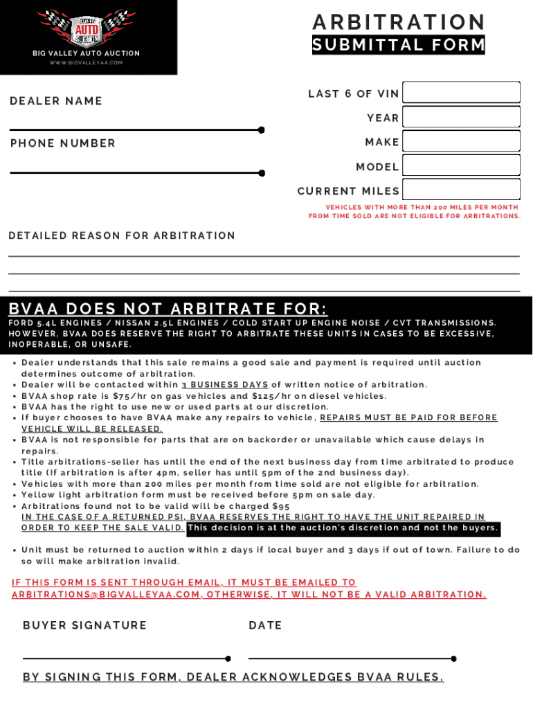 Fillable Online Big Valley Auto Auction Arbitration Submittal Fax Email ...