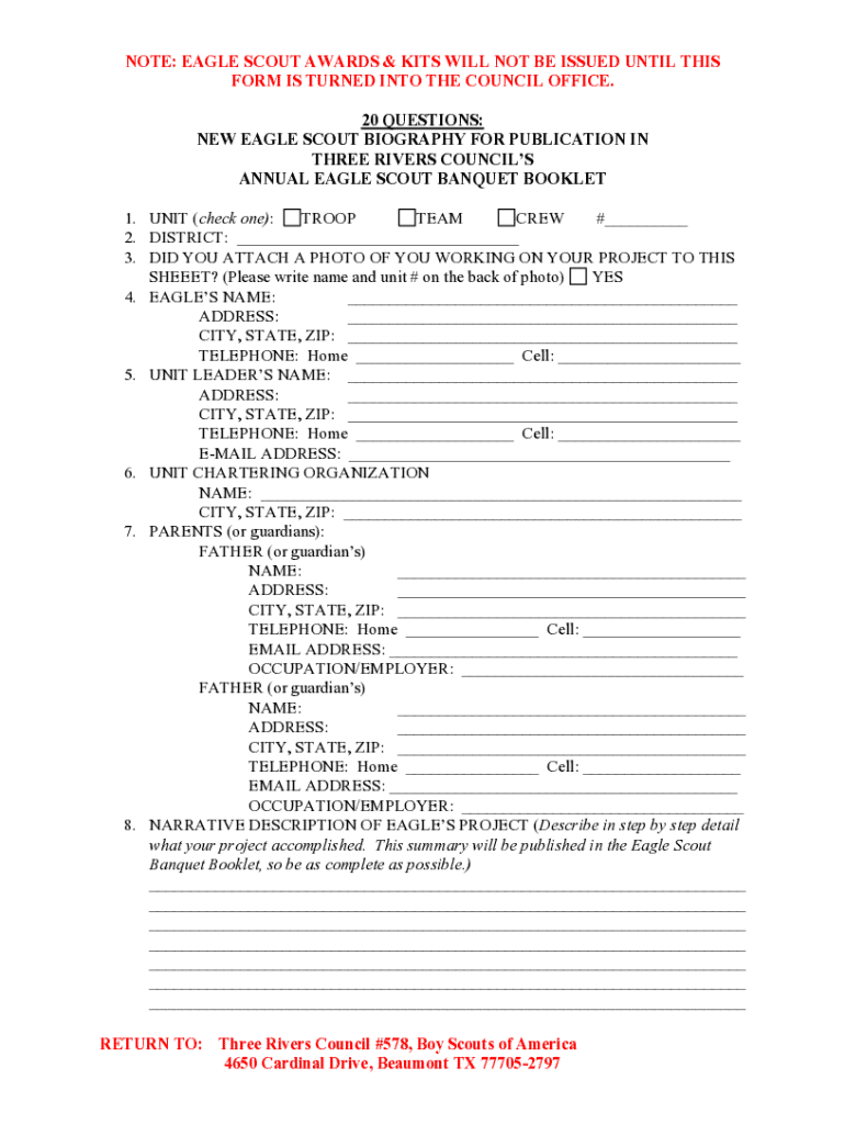 Fillable Online New Eagle Scout Biography for Publication Fax Email ...