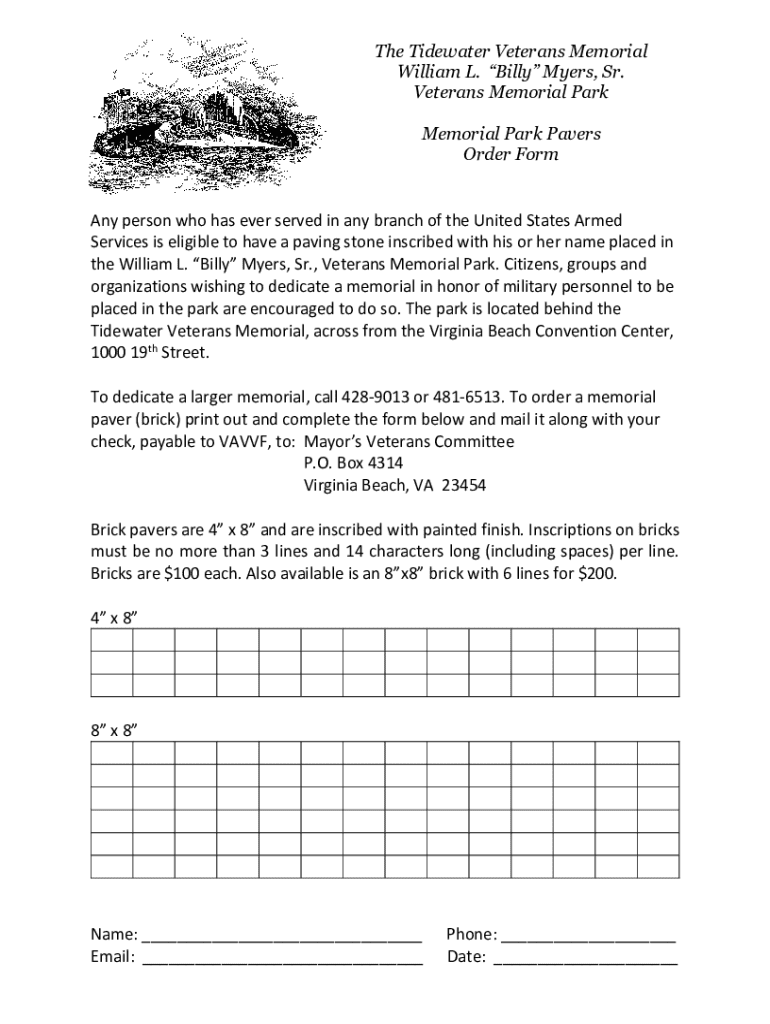 Fillable Online Veterans Memorial Park Memorial Paver Order Fax Email Print - pdfFiller