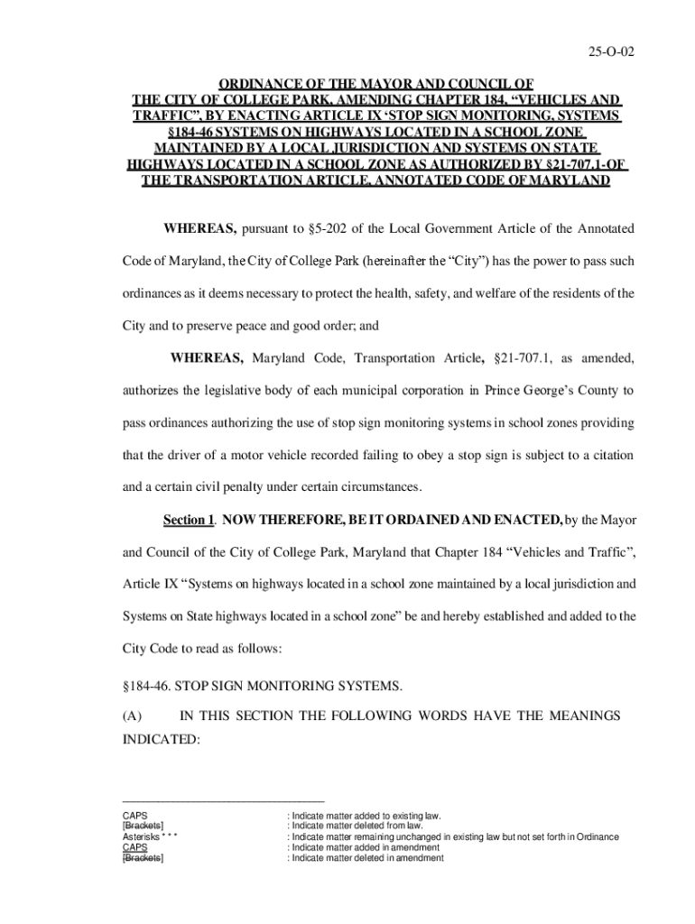 Fillable Online Ordinance Amending Chapter 184, Vehicles and Traffic Fax Email Print - pdfFiller
