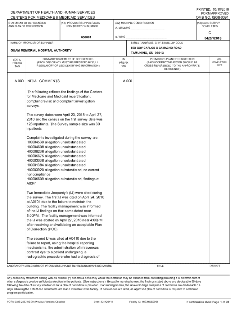 Fillable Online Statement of Deficiencies and Plan of Correction Fax ...