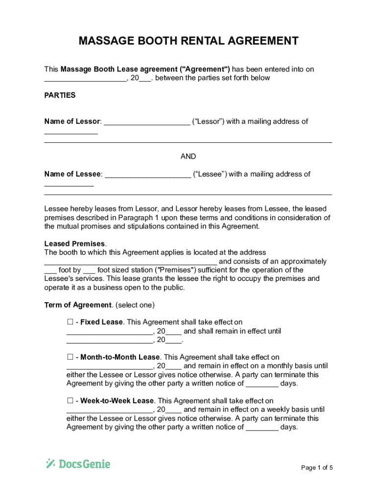 Massage Therapist Booth Rental Agreement - Fill Online, Printable, Fillable, Blank | pdfFiller