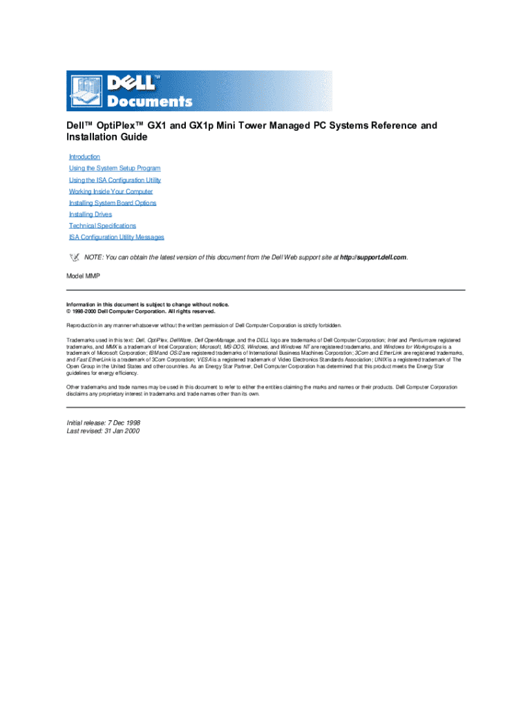 Fillable Online Dell Optiplex Gx1 and Gx1p Mini Tower Managed Pc Systems Reference and ...