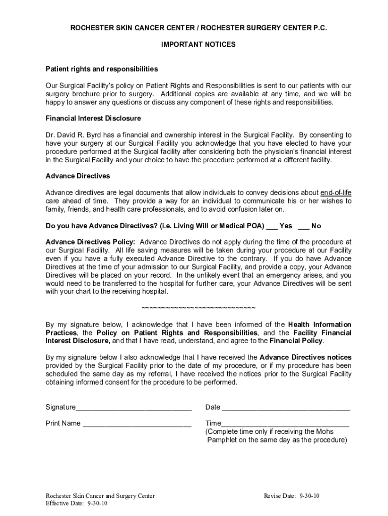 Fillable Online ROCHESTER SKIN CANCER CENTER IMPORTANT NOTICES ...