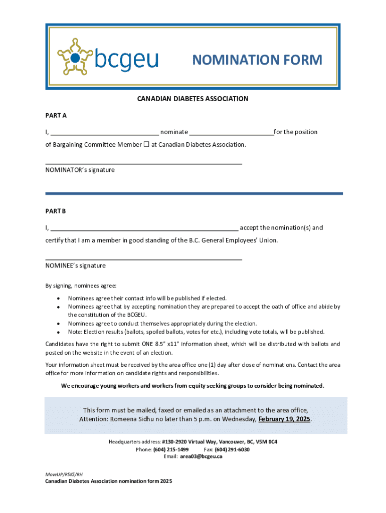Fillable Online Canadian Diabetes Association Nomination Form 2025 Fax ...