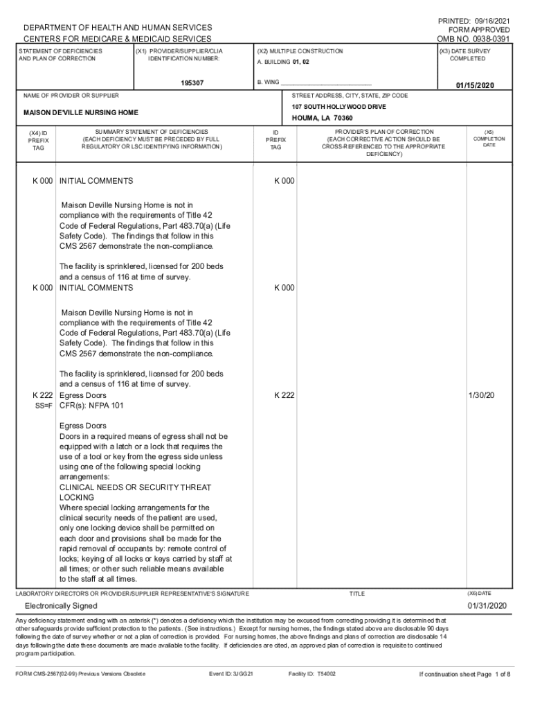 Fillable Online Statement of Deficiencies and Plan of Correction Fax ...