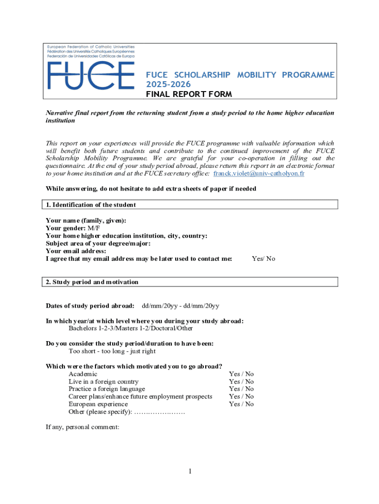 Fillable Online Fuce Scholarship Mobility Programme Final Report Fax ...