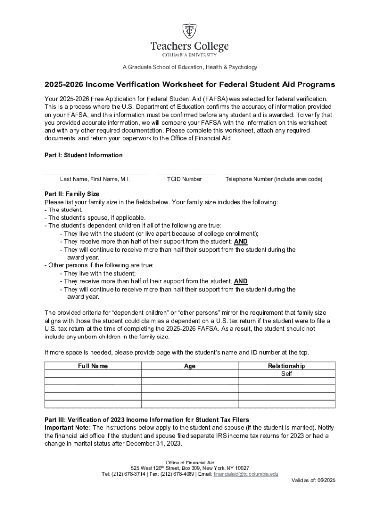 Fillable Online Income Verification Worksheet for Federal Student Aid Programs Fax Email Print ...