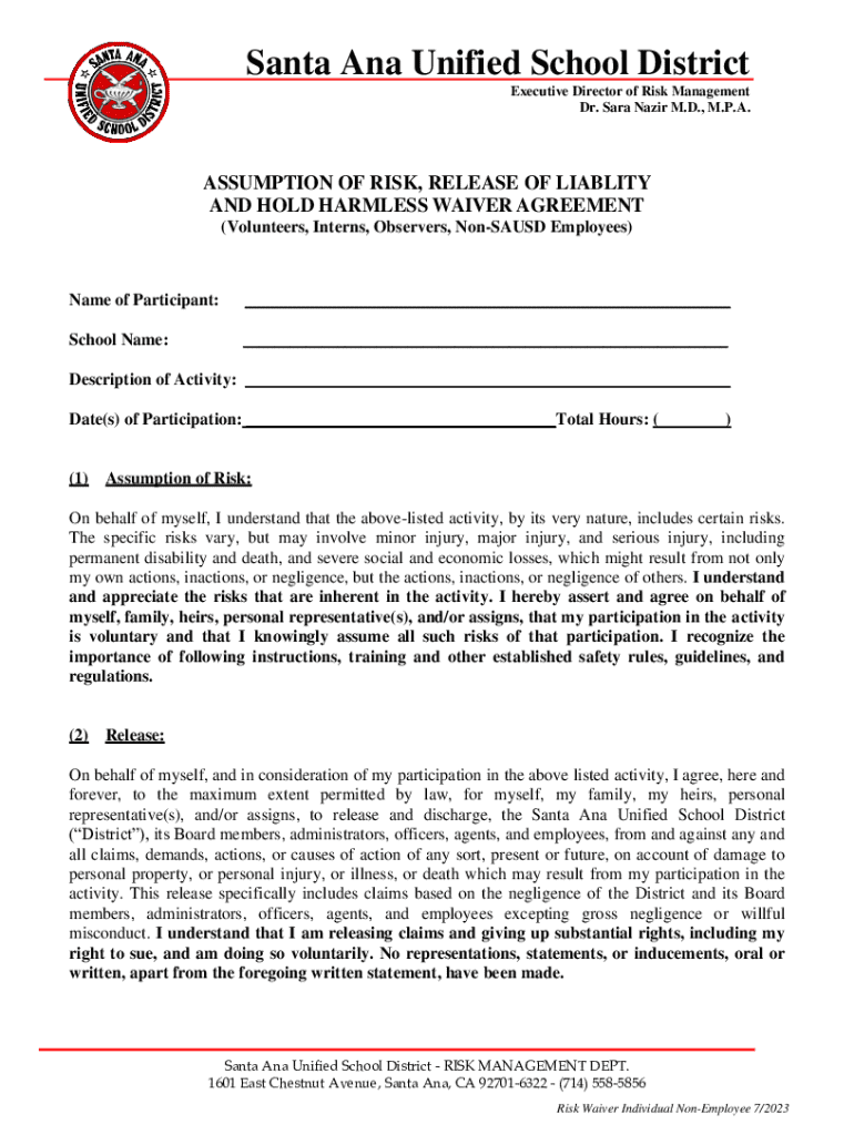 Fillable Online Assumption of Risk, Release of Liability and Hold Harmless Waiver Agreement Fax ...