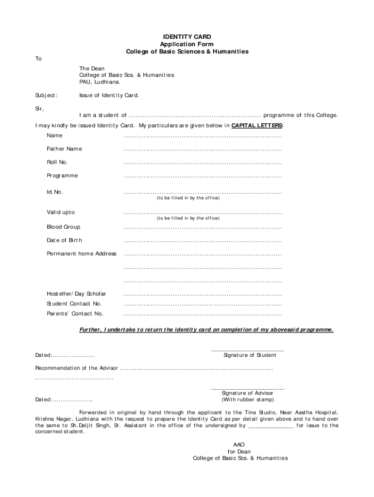 Fillable Online College of Basic Sciences & Humanities Identity Card ...