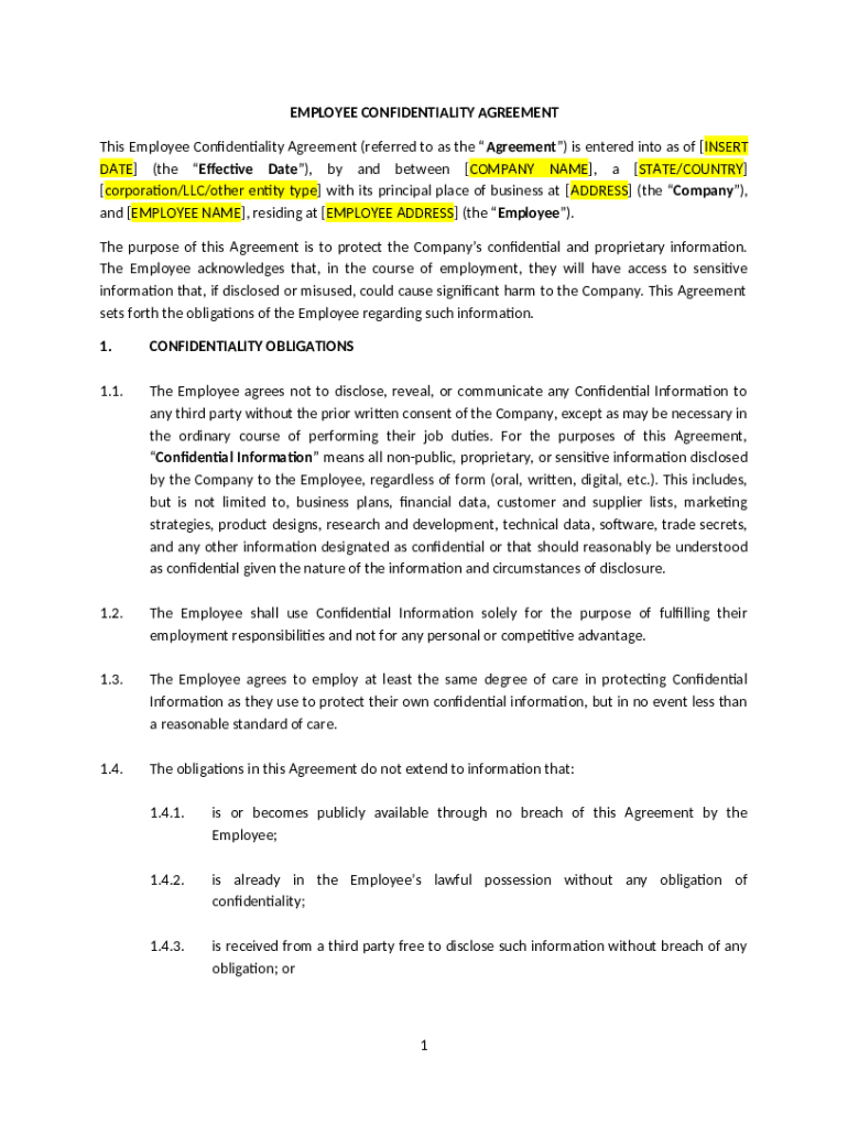 Employee Confidentiality Agreement Doc Template | pdfFiller