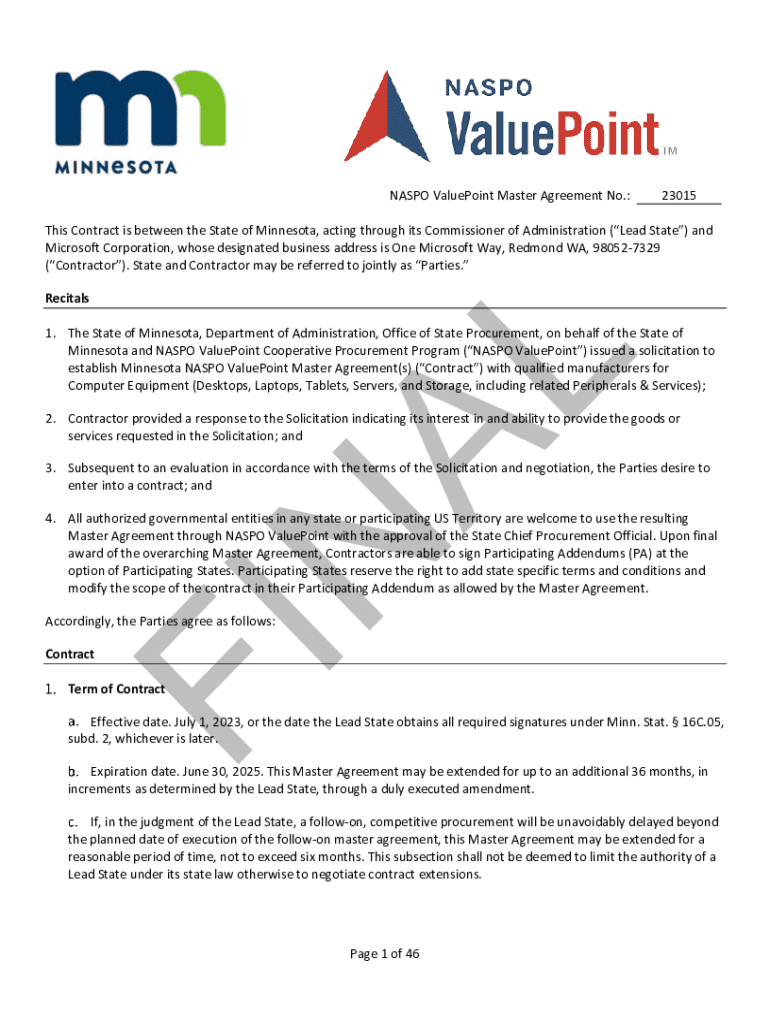 Fillable Online Naspo Valuepoint Master Agreement No. 23015 Fax Email Print - pdfFiller