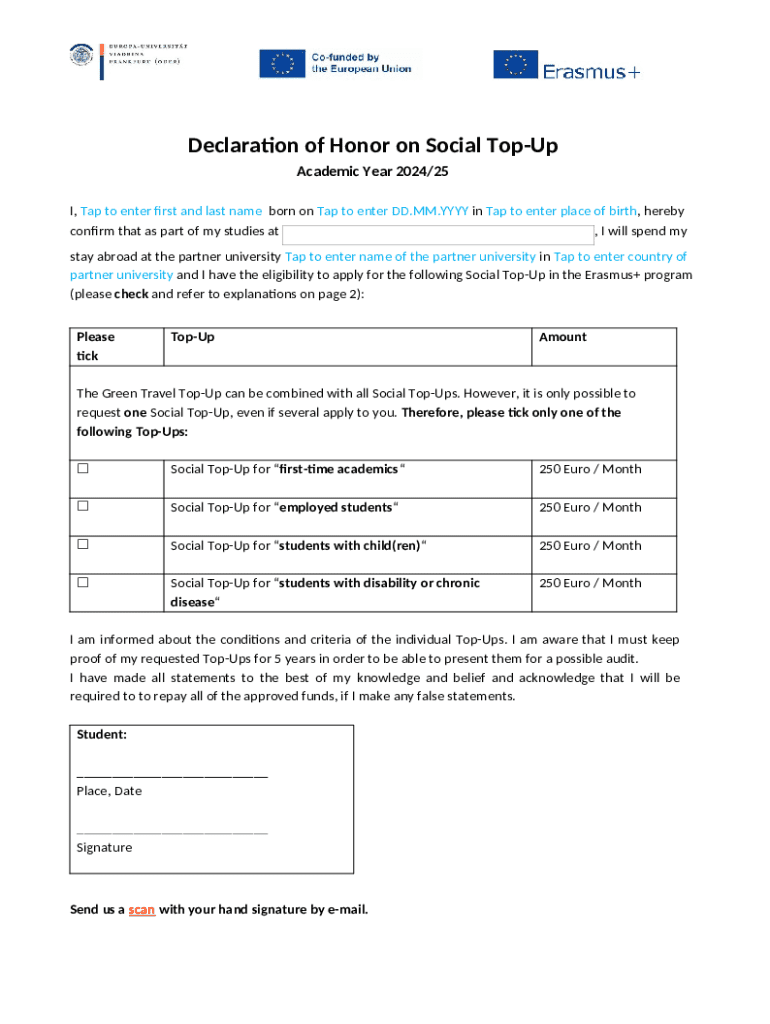 Declaration of Honor on Social Top-up Doc Template | pdfFiller