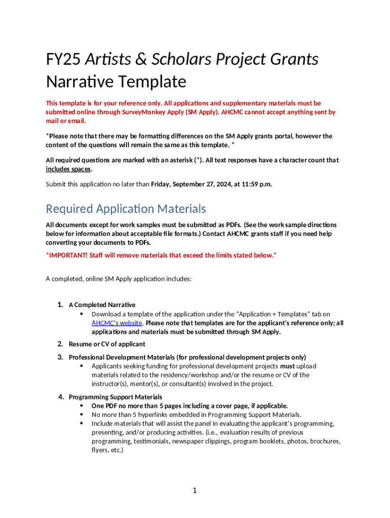Fy25 Artists & Scholars Project Grants Narrative Template Doc Template | pdfFiller