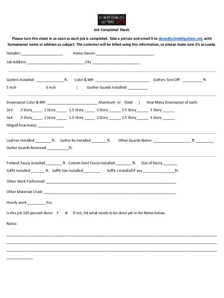 Fillable Online Job Completed Sheet Fax Email Print - pdfFiller