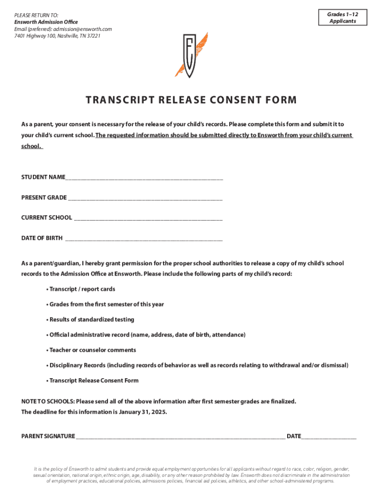 Fillable Online Transcript Release Consent Form Fax Email Print - pdfFiller