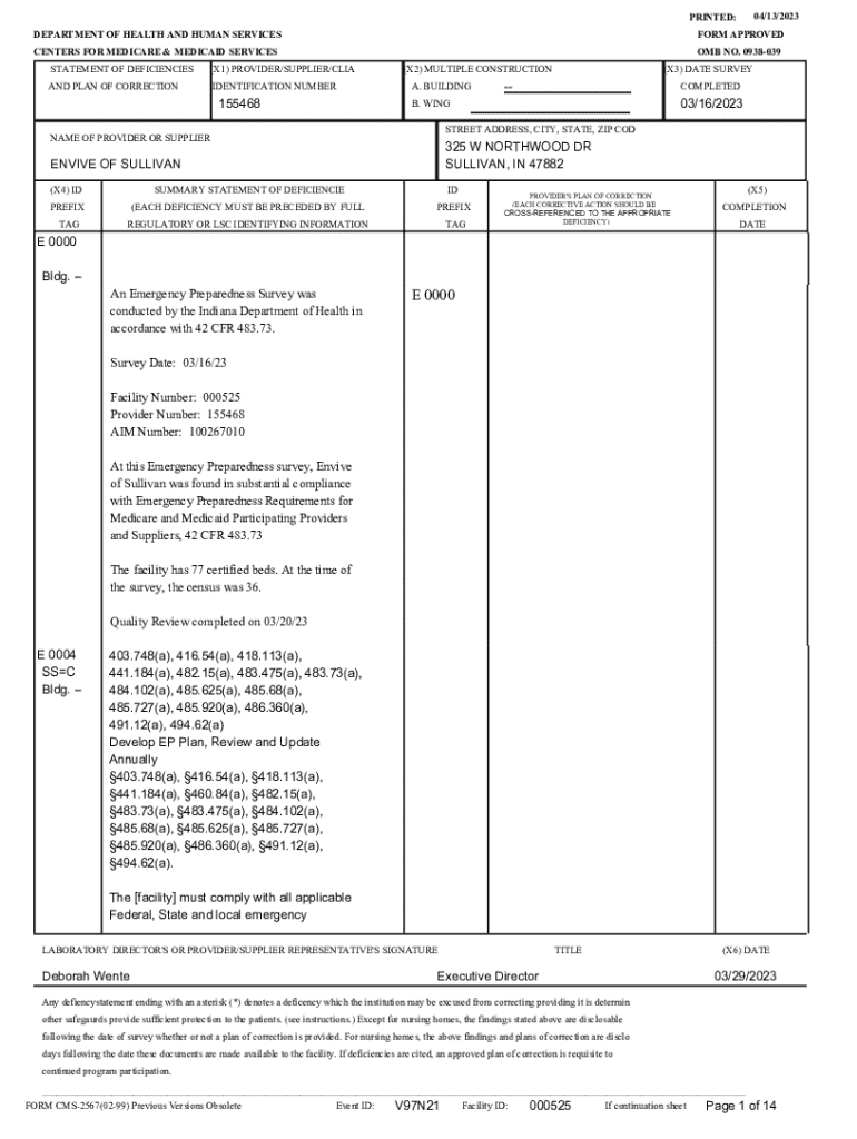 Fillable Online Statement of Deficiencies and Plan of Correction Fax ...