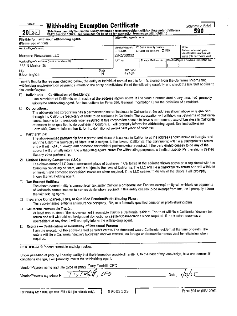 Fillable Online California Withholding Exemption Certificate (form 590 ...