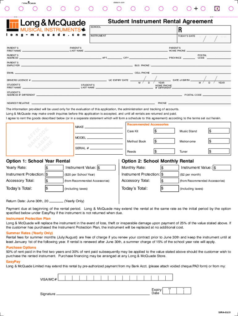 Fillable Online Student Instrument Rental Agreement Fax Email Print ...