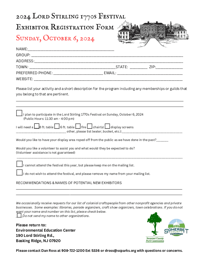 Fillable Online Exhibitor Registration for Lord Stirling 1770s Festival Fax Email Print - pdfFiller