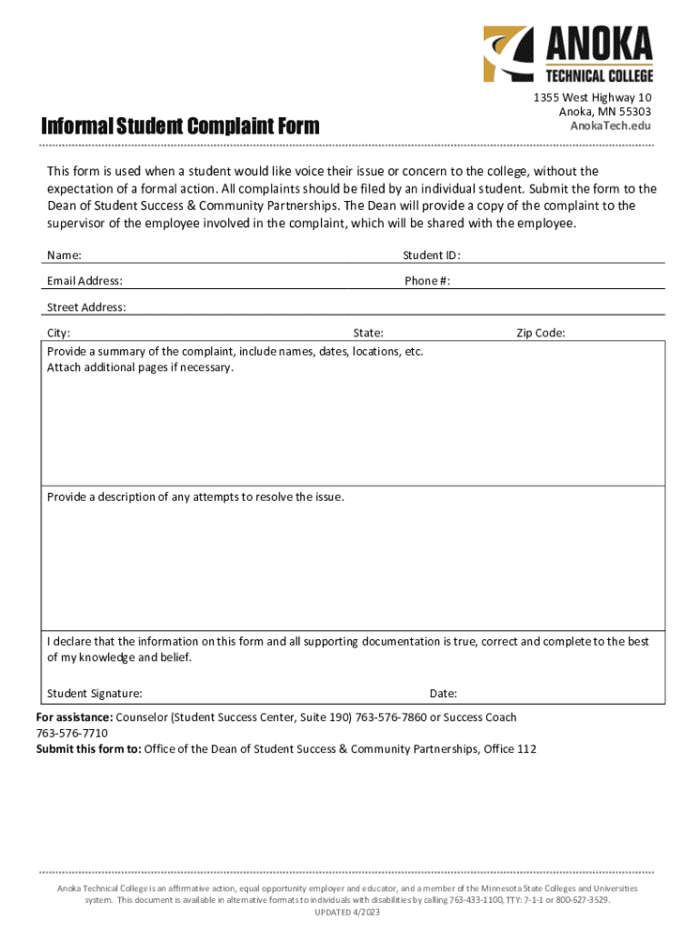 Fillable Online Informal Student Complaint Form Fax Email Print - pdfFiller
