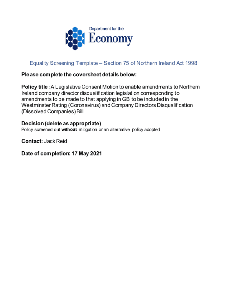 Fillable Online Equality Screening Template – Section 75 of Northern ...
