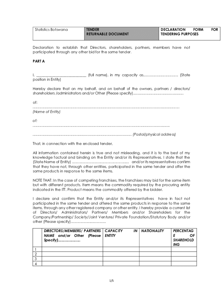 Fillable Online Tender Declaration Form for Bidding Purposes Fax Email ...