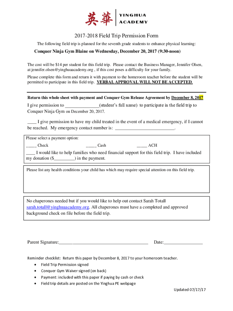 Fillable Online Field Trip Permission Form for Conquer Ninja Gym Fax ...