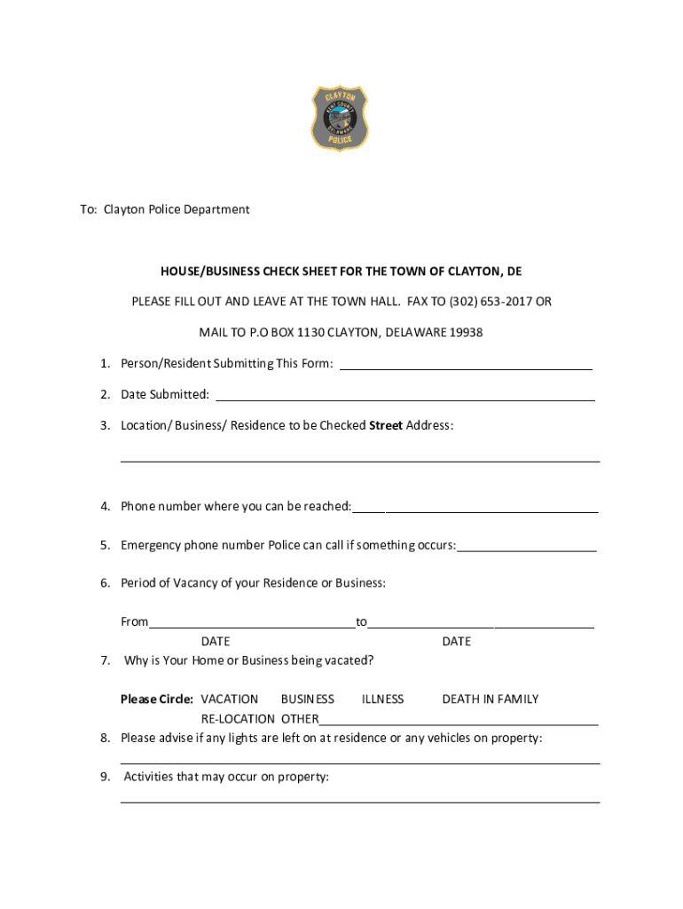 Fillable Online House/business Check Sheet for the Town of Clayton, De Fax Email Print - pdfFiller