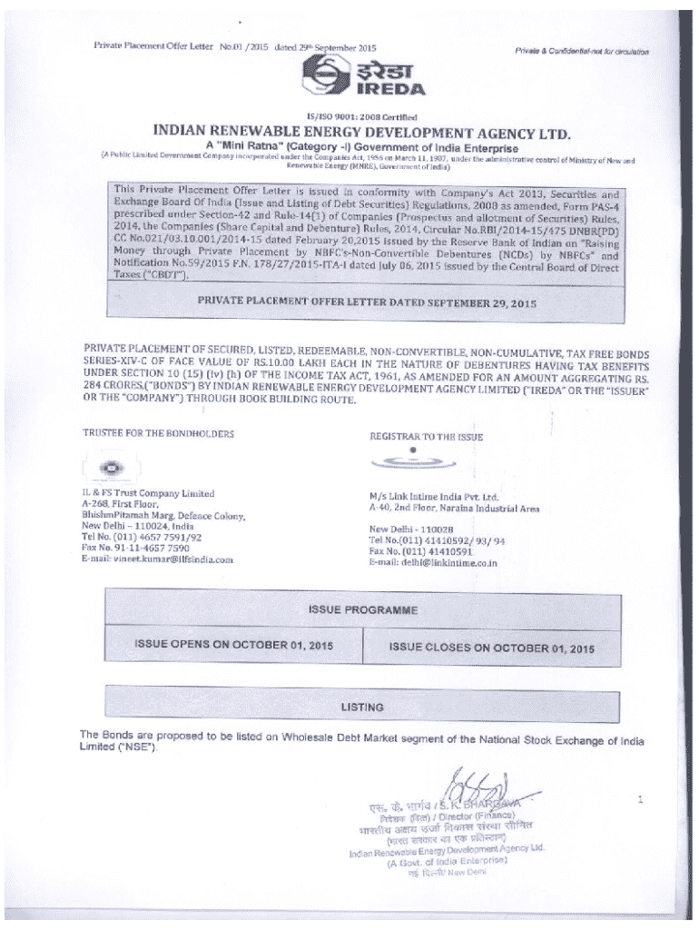 Fillable Online Private Placement Offer for Tax-free Bonds Fax Email ...