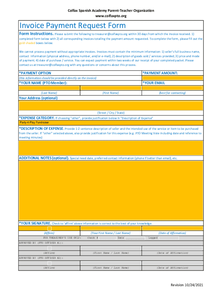 Fillable Online Colfax Spanish Academy Parent-teacher Organization Invoice Payment Request Fax ...