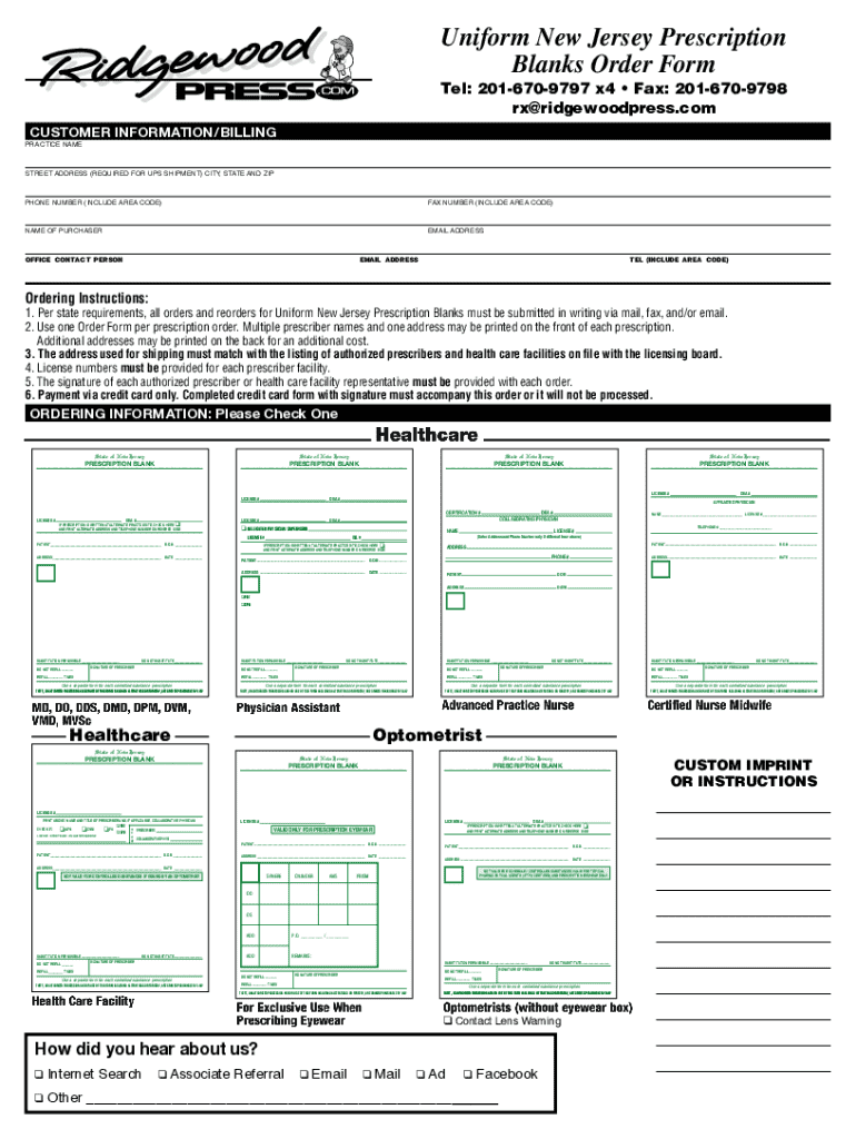 Fillable Online Uniform New Jersey Prescription Blanks Order Form Fax ...