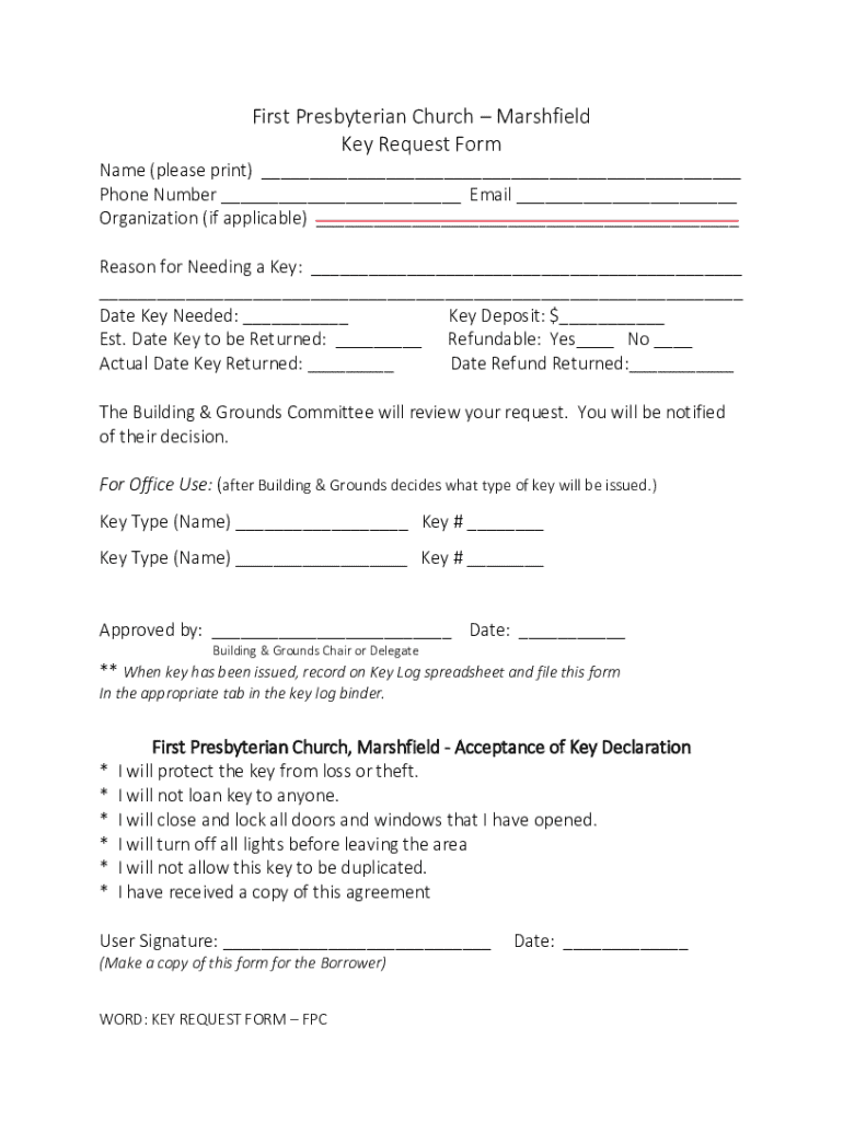 Fillable Online First Presbyterian Church – Marshfield Key Request Fax Email Print - pdfFiller